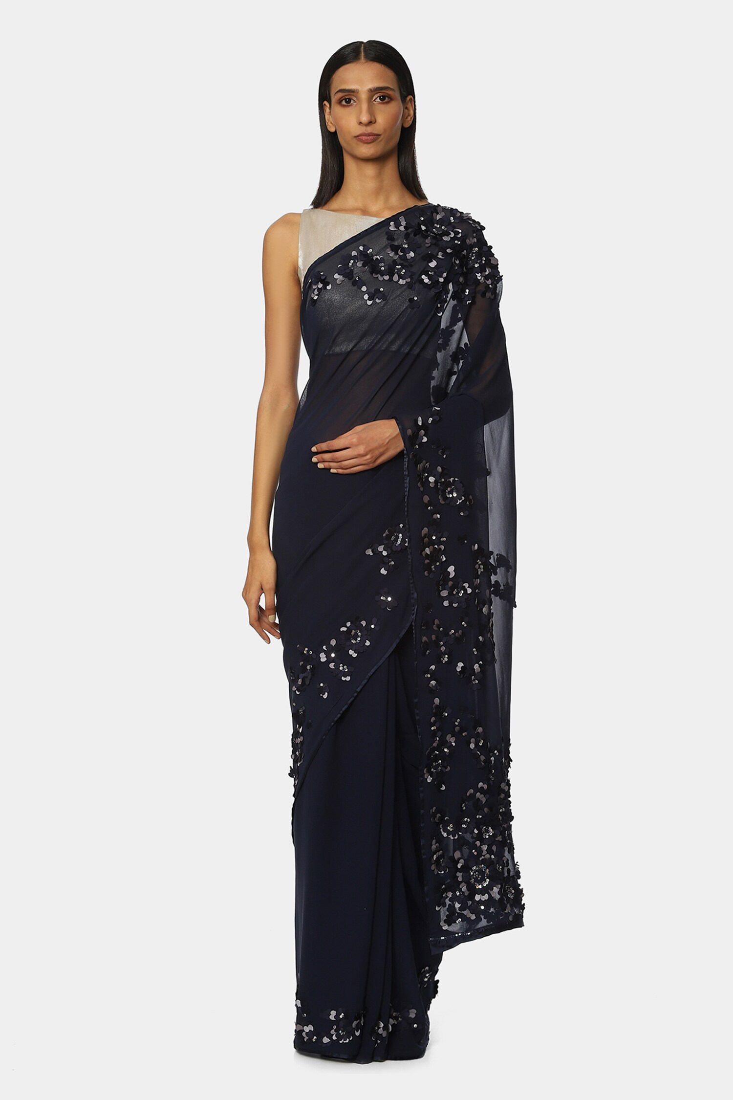 Buy Blue Georgette Embroidered Floral Moonlight Saree For Women by ...