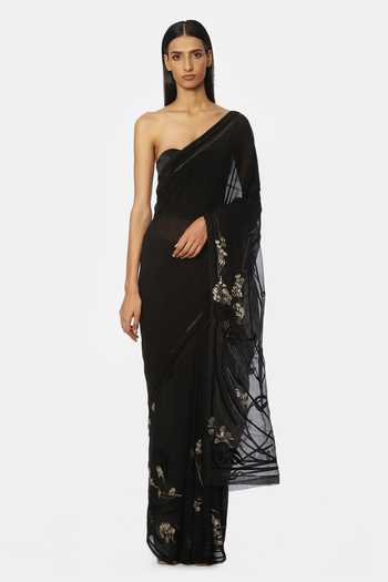 Buy Satya Paul Black Georgette Floral Embroidered Saree Online | Aza ...