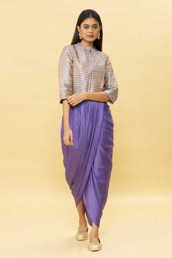 Buy Pinki Sinha Purple Banarasi Silk Handwoven Jacket And Draped Skirt ...