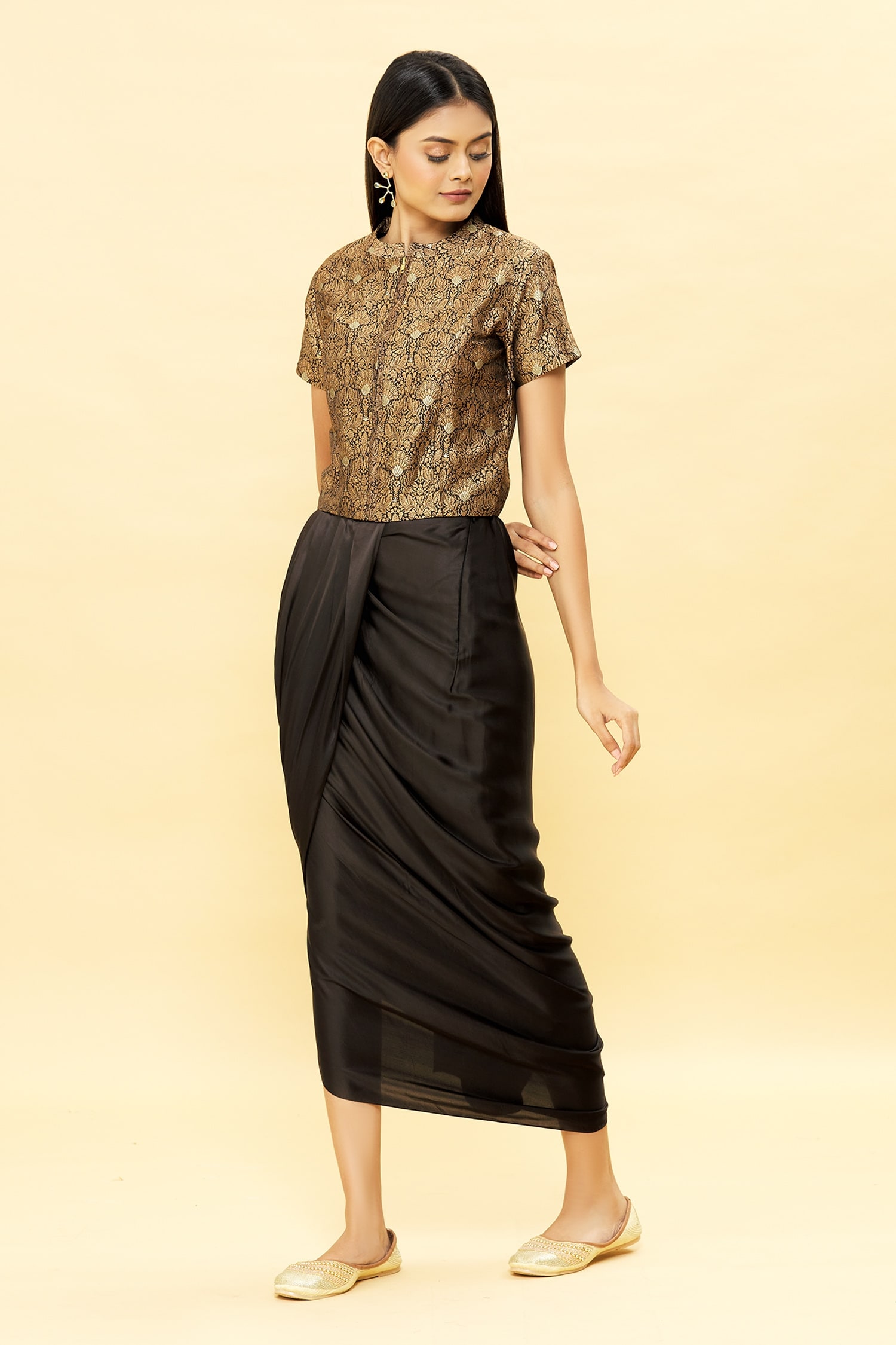 Buy Pinki Sinha Black Banarasi Silk Jacket And Draped Skirt Set Online ...