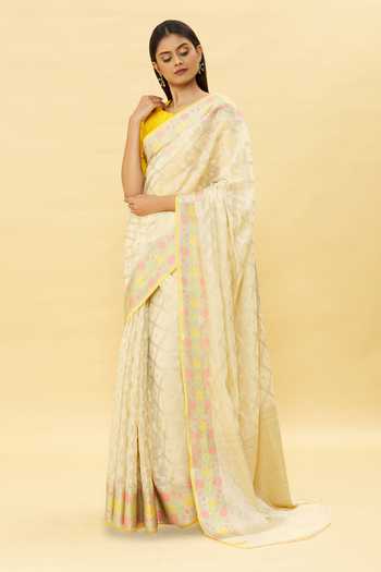 Buy Pinki Sinha White Cotton Woven Banarasi Saree Online | Aza Fashions