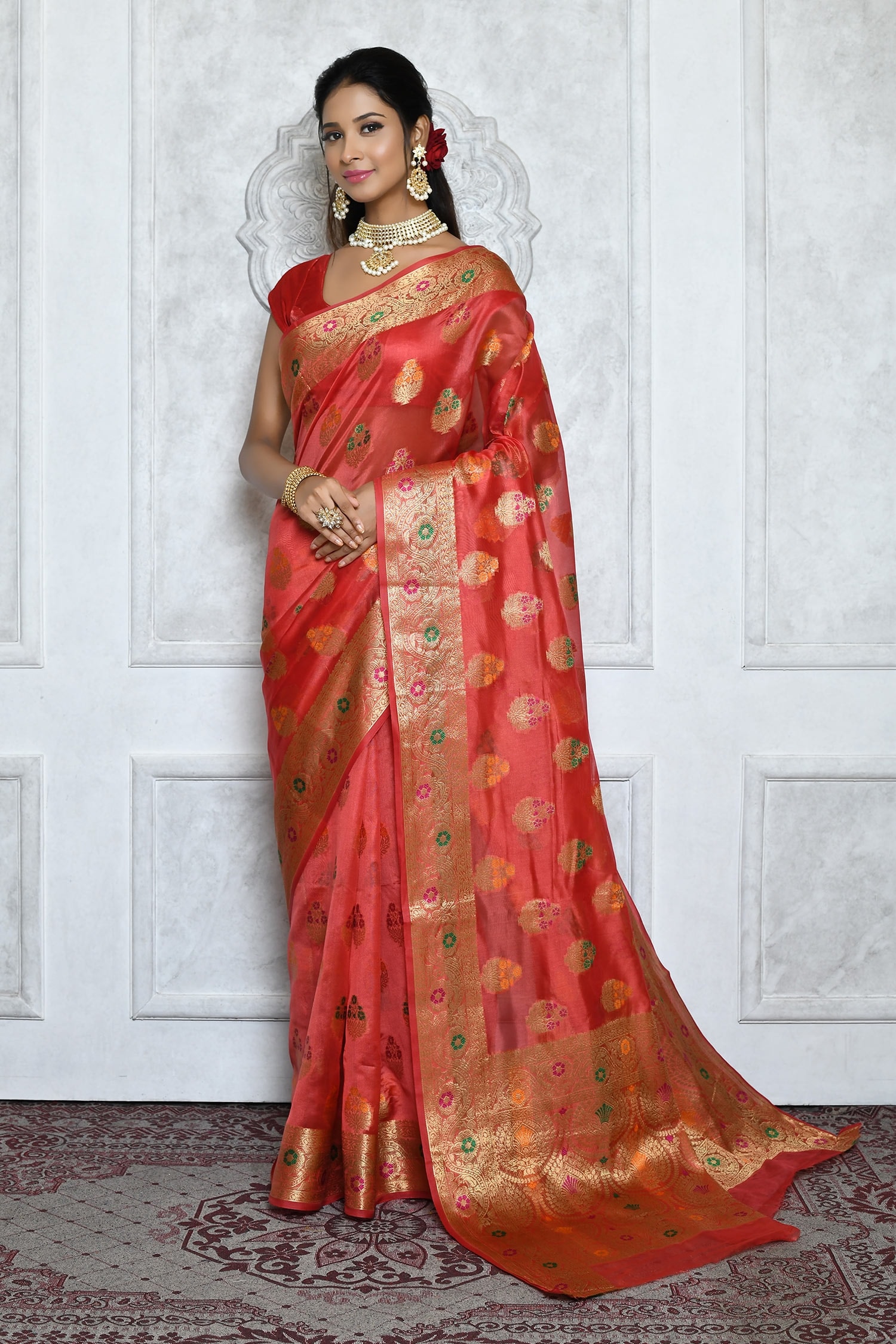Buy Samyukta Singhania Red Floral Woven Saree Online | Aza Fashions