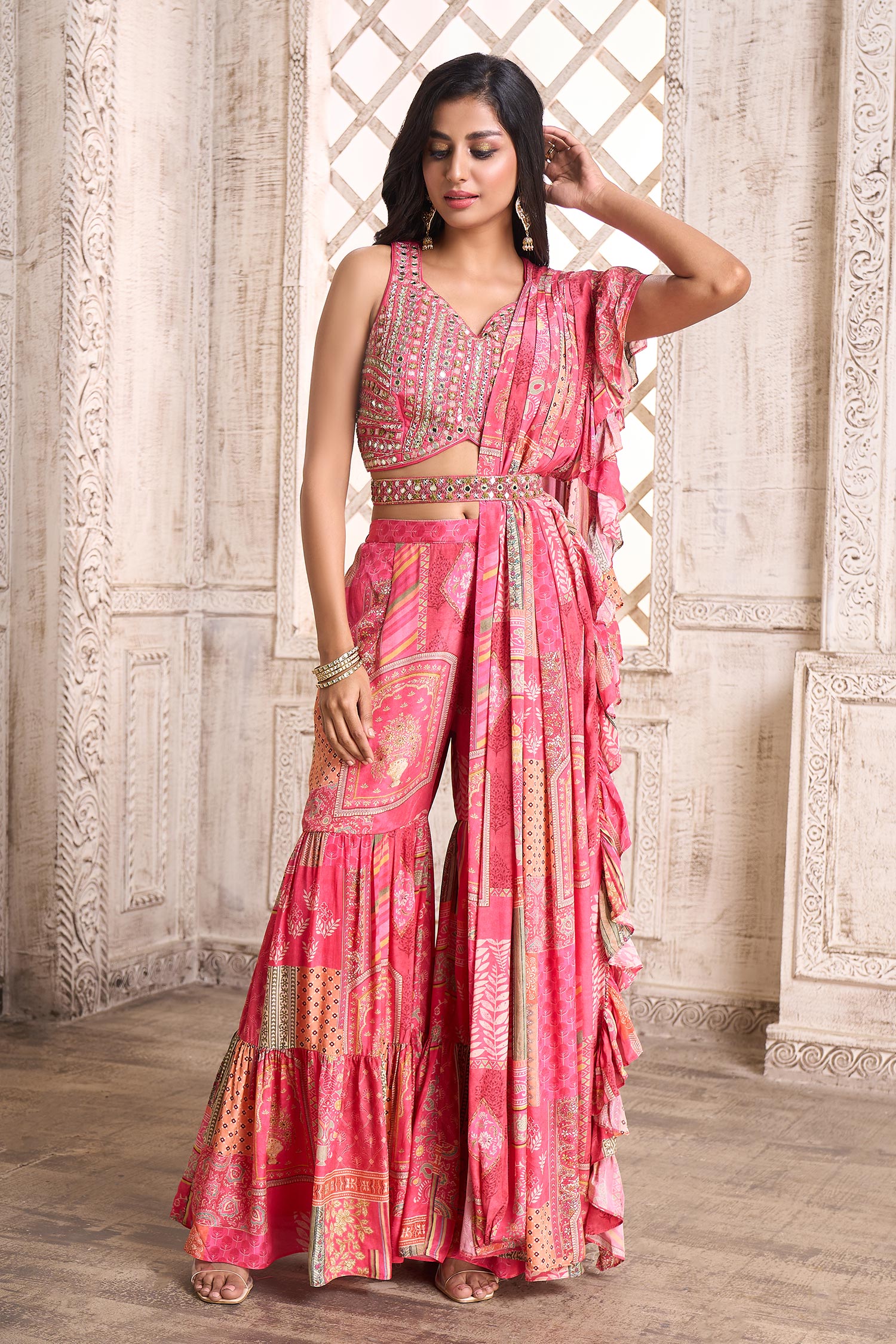 Buy Pink Blouse: Dola Silk Printed Floral V Pant Saree With Embroidered ...