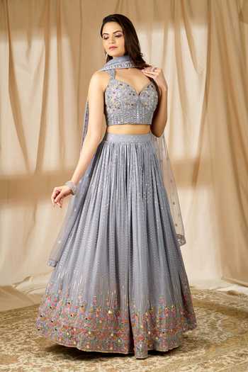 Buy Grey Blouse: Dola Silk Embroidered Sequin Sweetheart Neck Lehenga ...