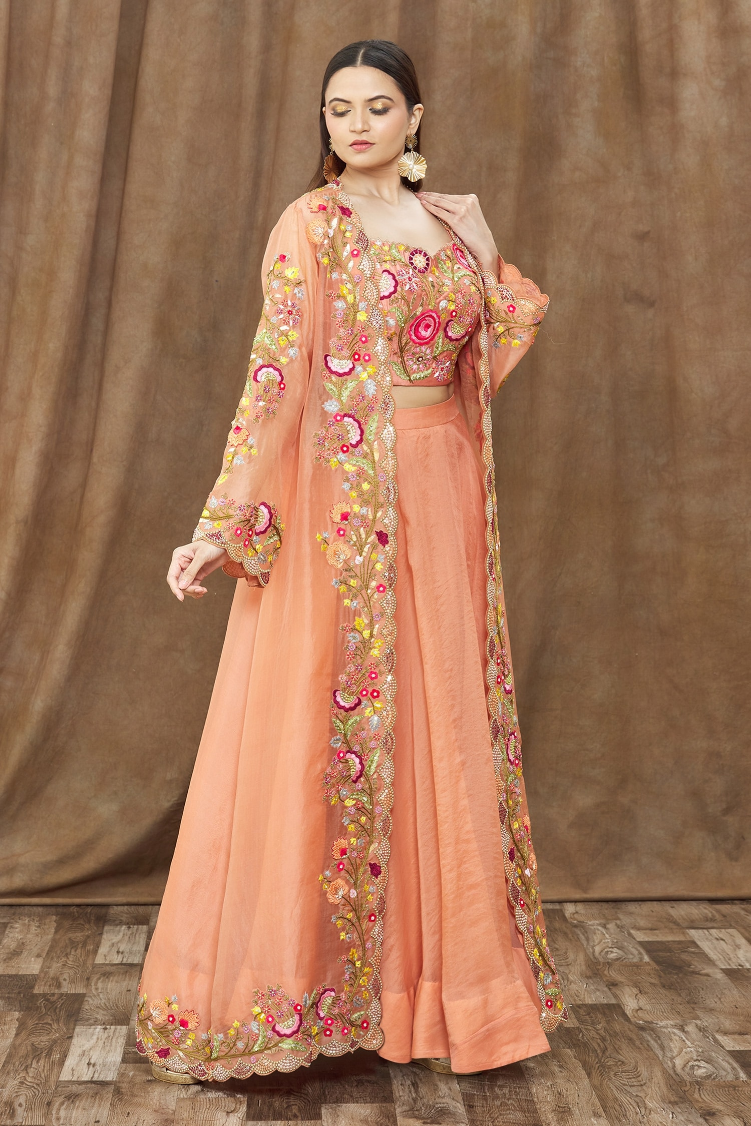 Buy Peach Pure Organza Hand Embroidered Resham Thread Jacket Skirt Set ...