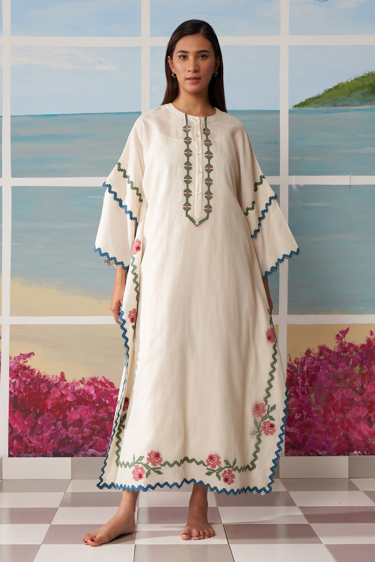 Buy White Thin Chanderi Round Cutwork Kaftan For Women by Ikai Online ...