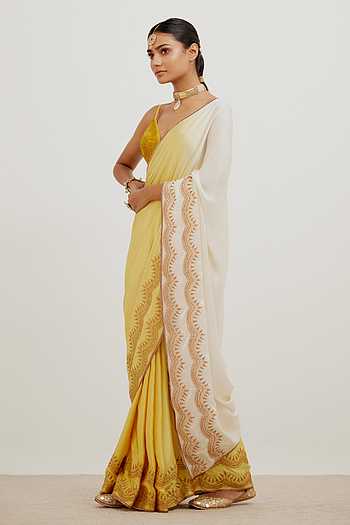 Buy Devnaagri Yellow Velvet Satin Shaded Saree With Embroidered Singlet ...