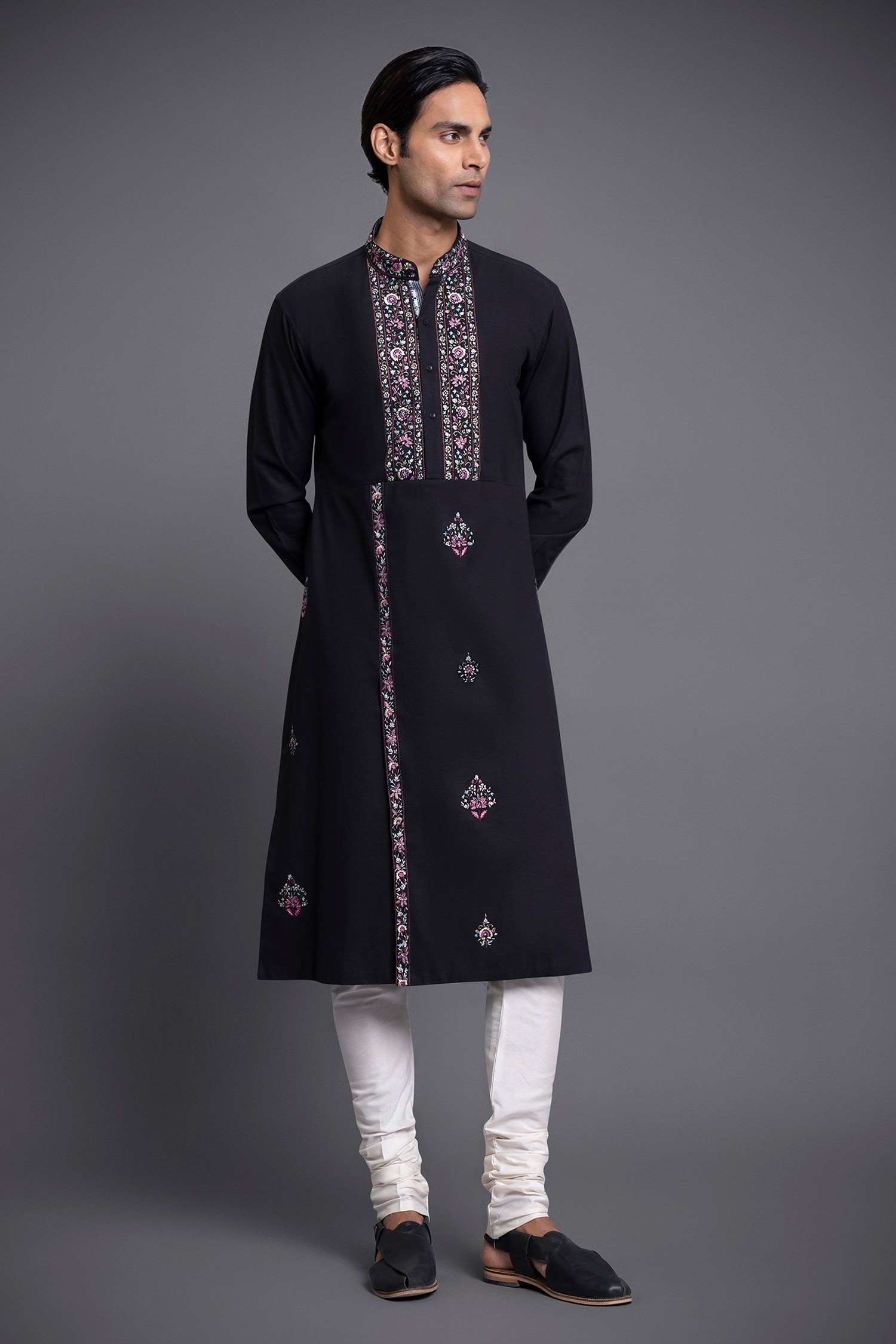 Buy Raghavendra Rathore Jodhpur Black Cotton Floral Embroidered Kurta ...