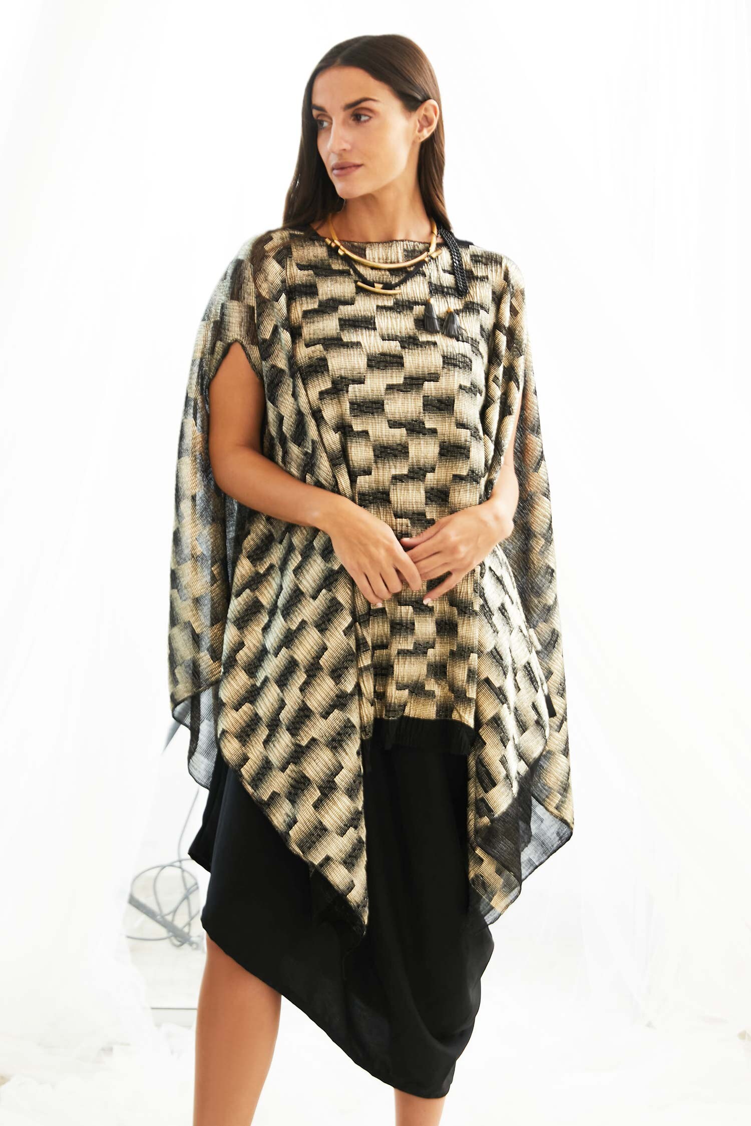 Buy Tasuvure Beige Pleated Polyester Printed Asymmetric Cape Online ...