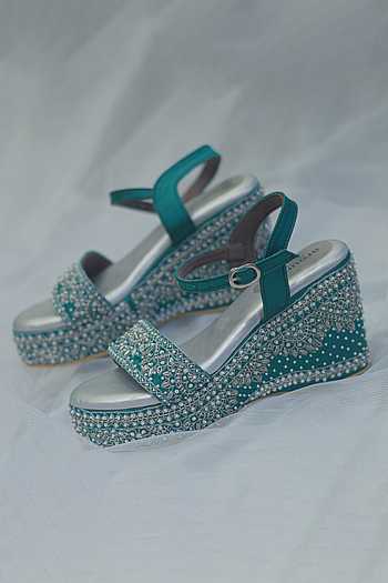 Buy Green Embroidered Eros Platform Wedges by Around Always Online at ...