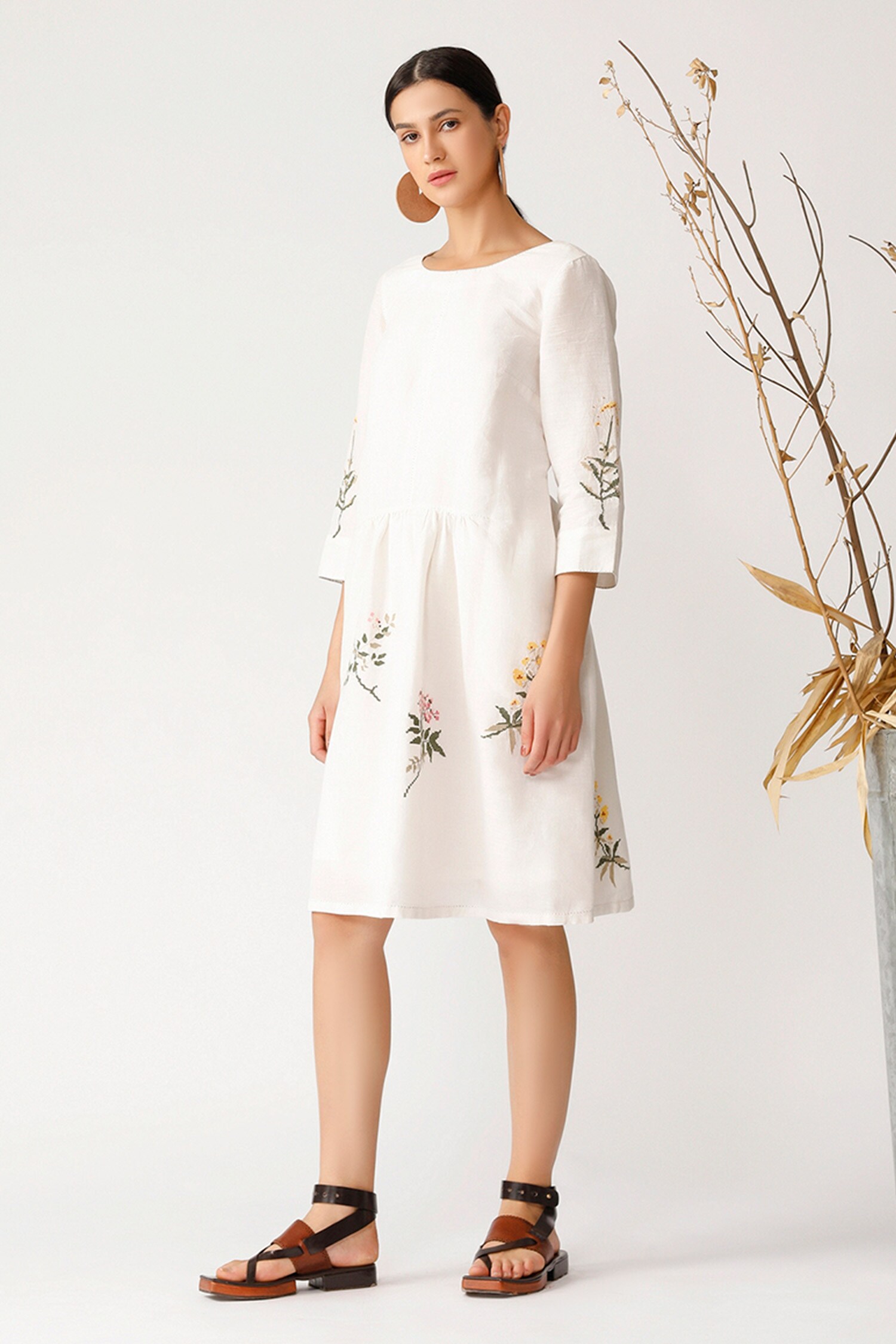 Buy Payal Pratap Beige Linen Embroidered Dress Online | Aza Fashions