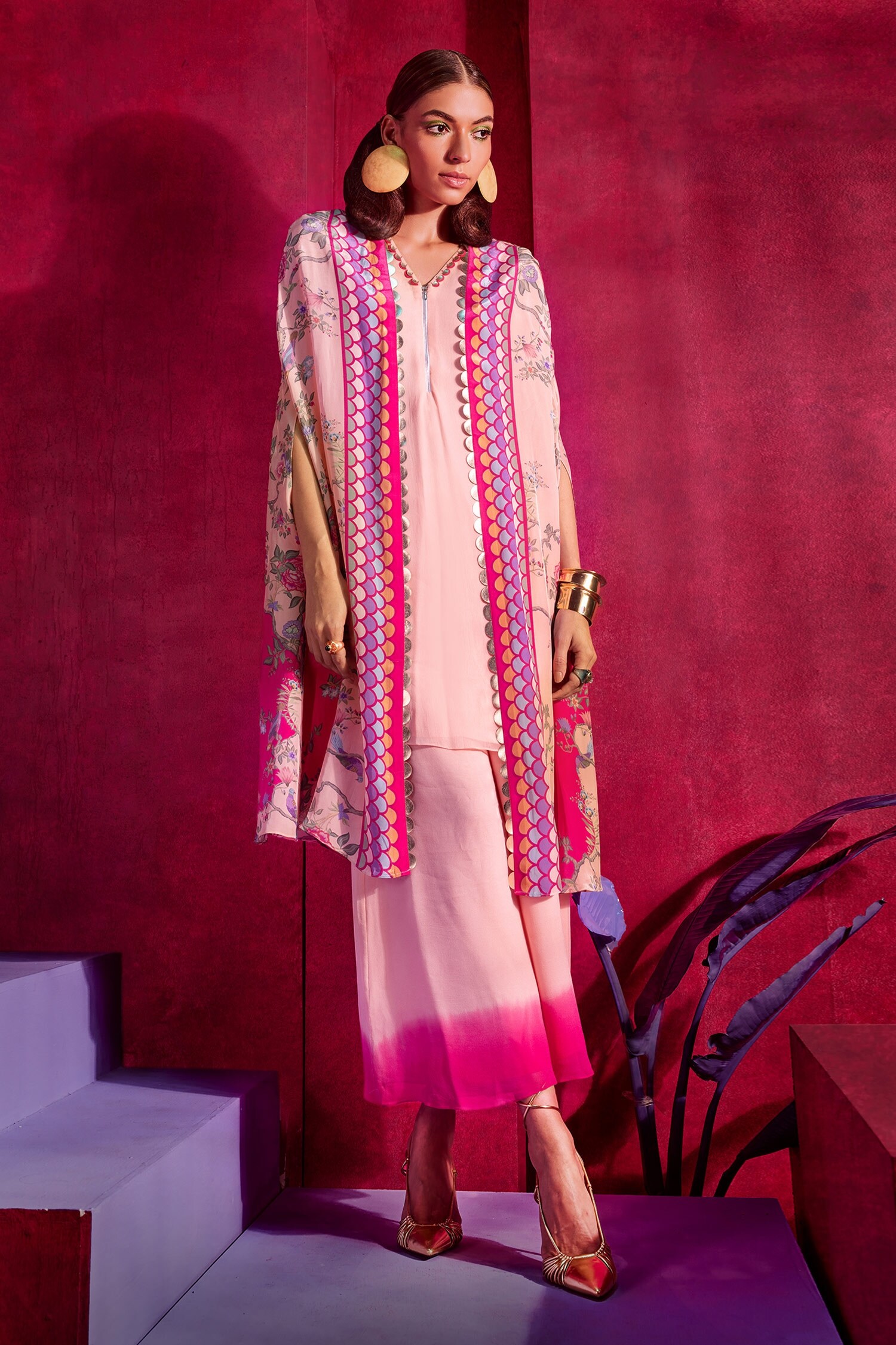 Buy Pink Crepe Bird And Floral V Neck Katty Cape & Palazzo Set For ...