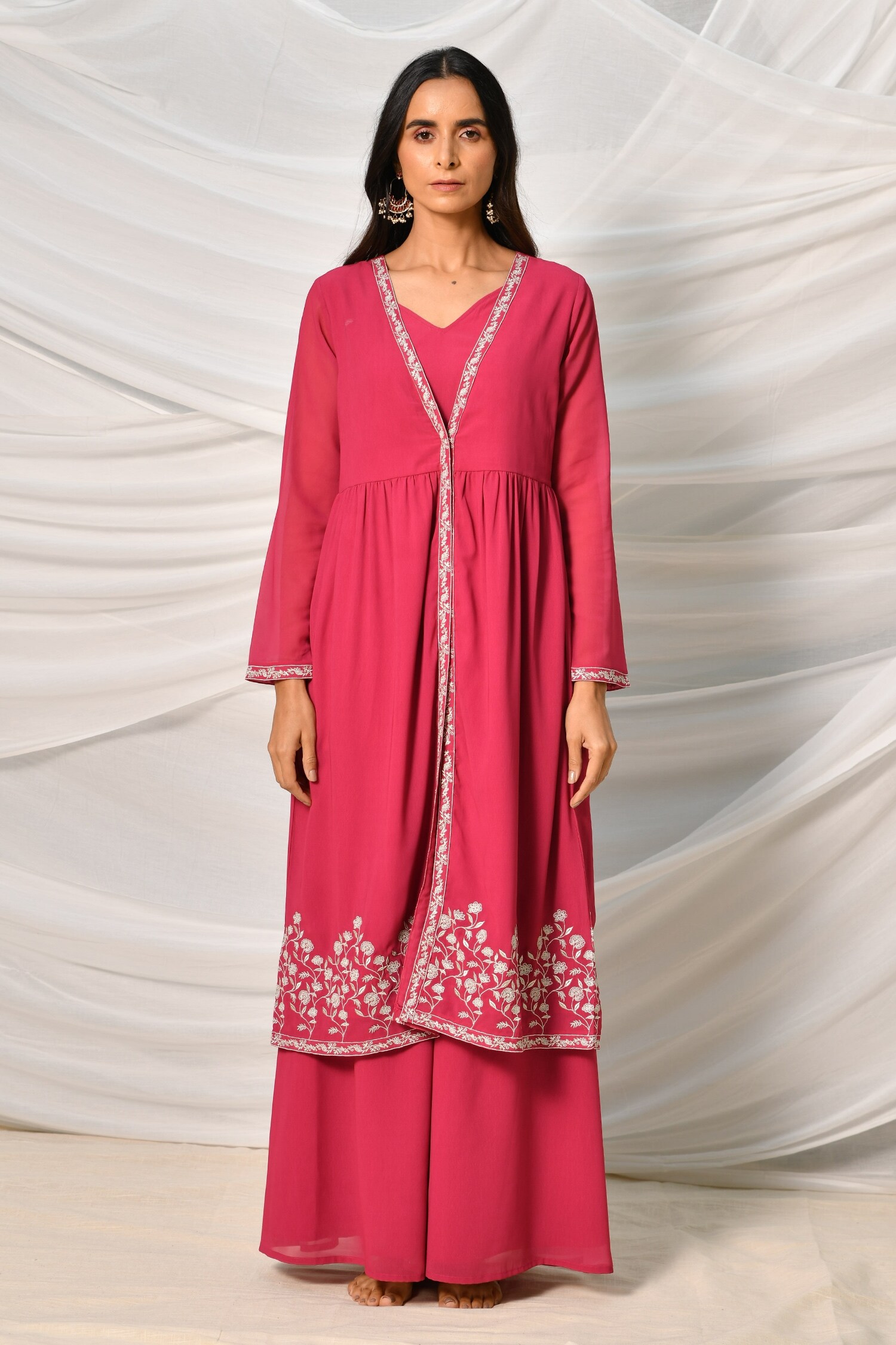 Buy Pink Embroidery Floral Open Nida Jacket And Sharara Set For Women ...