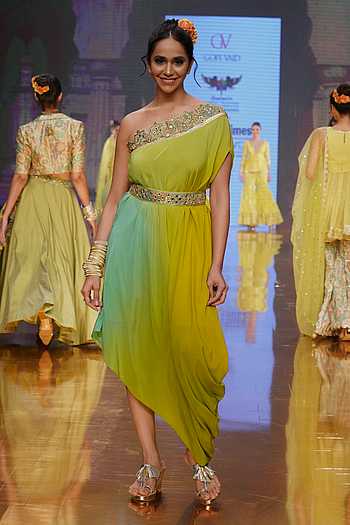 Buy Green Georgette Embroidery Mirror One Shoulder Swasti Dress For ...