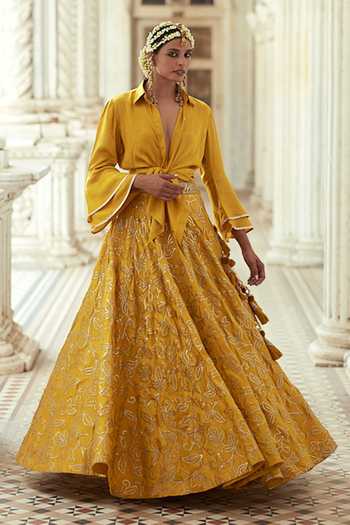 Buy Yellow Top Crepe Embellished Gota Aqueedat And Victorian Skirt Set ...