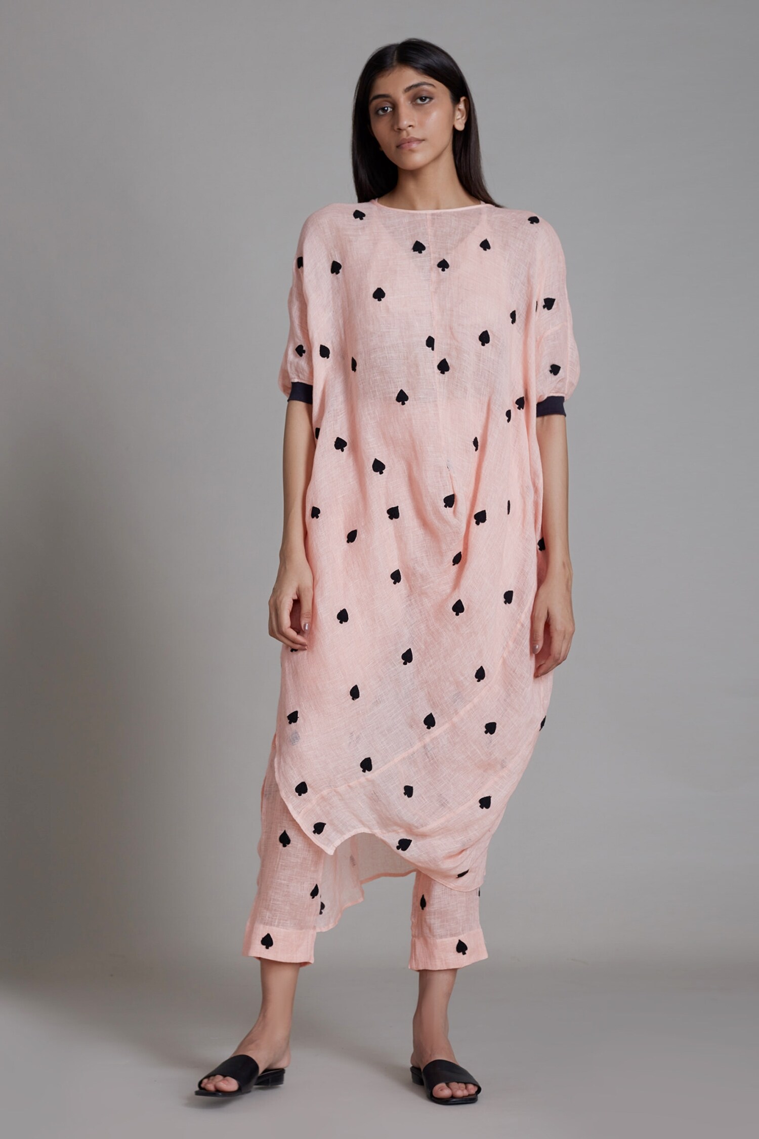 Buy Pink Pure Linen Embroidery Thread Round Tunic And Pant Set For ...