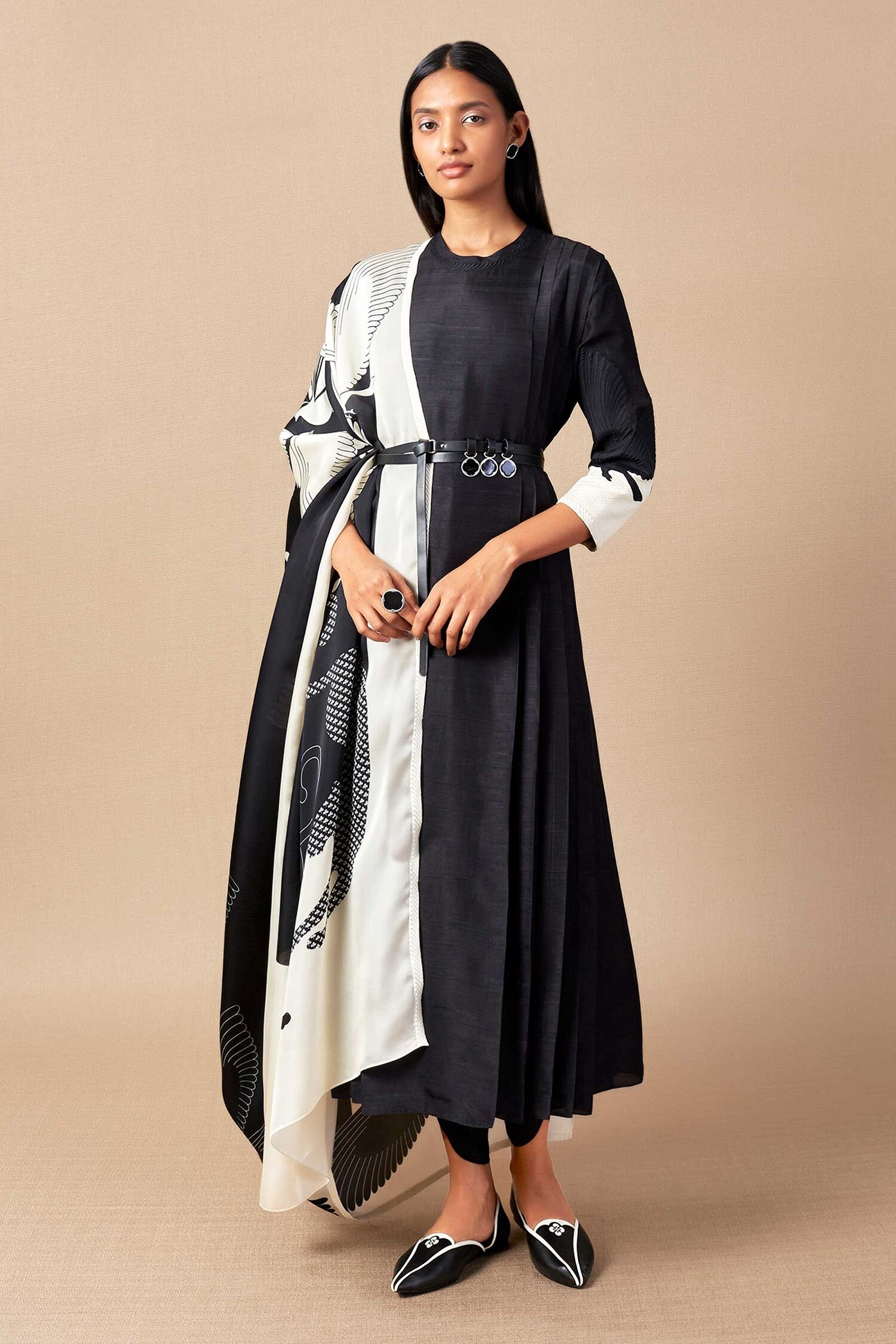 Buy Black Rose Silk Printed Animal Round Neck Bani Pleated Kurta Set ...