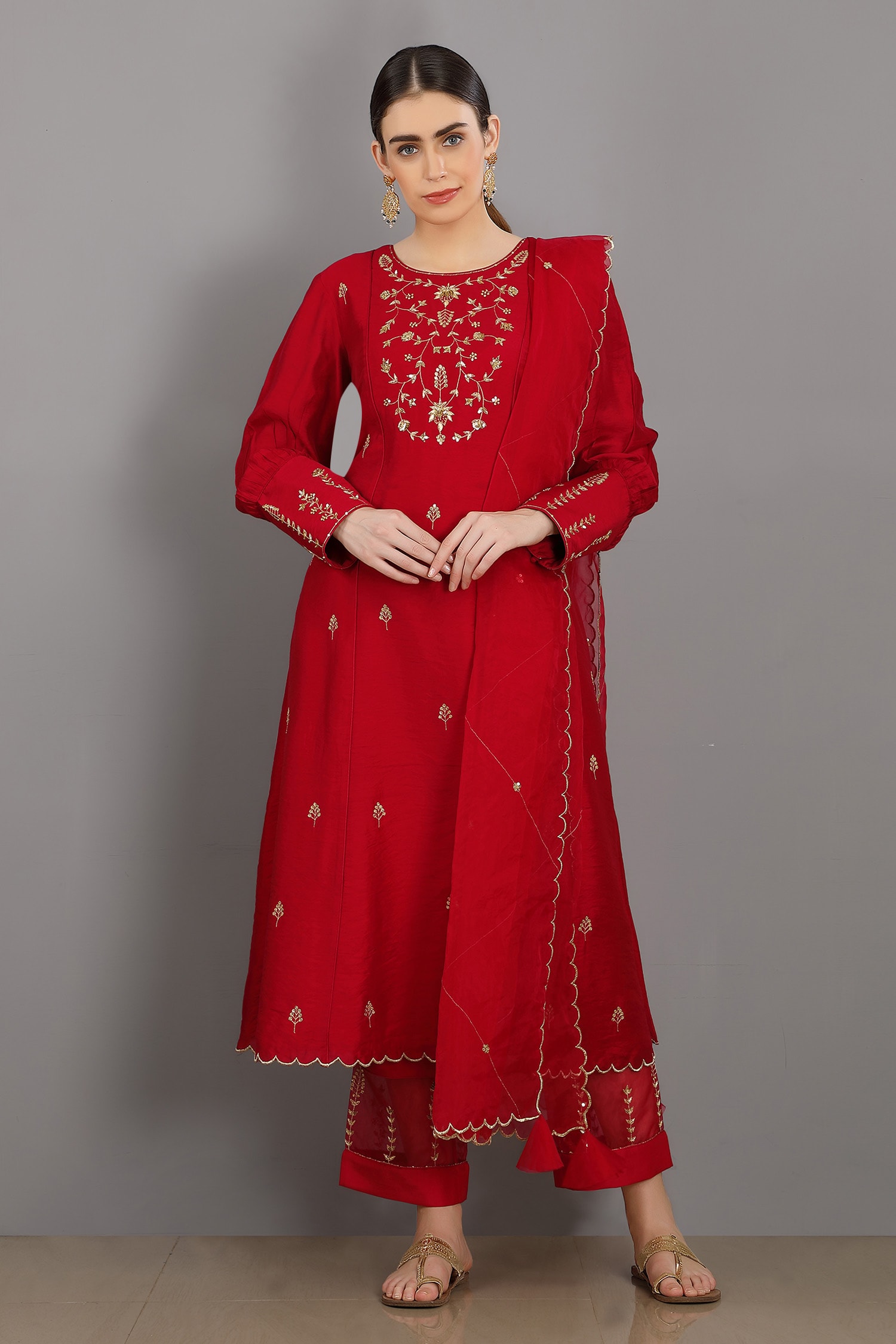 Buy Red Kurta: Chanderi Silk Round Set For Women by Asaga Online at Aza ...