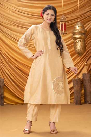 Buy Ruh Clothing Beige Chanderi Baleena Chikankari Kurta And Pant Set ...