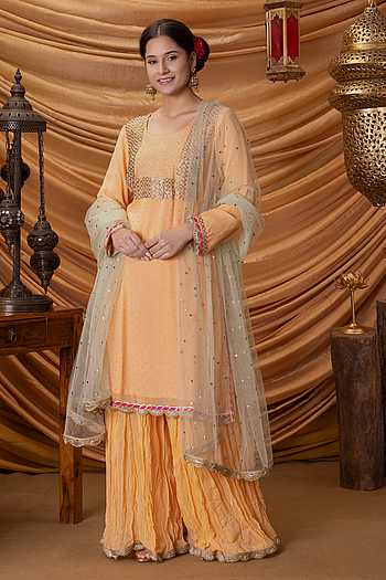 Buy Orange Georgette Embroidered Mukaish Round Sharara Set For Women by ...