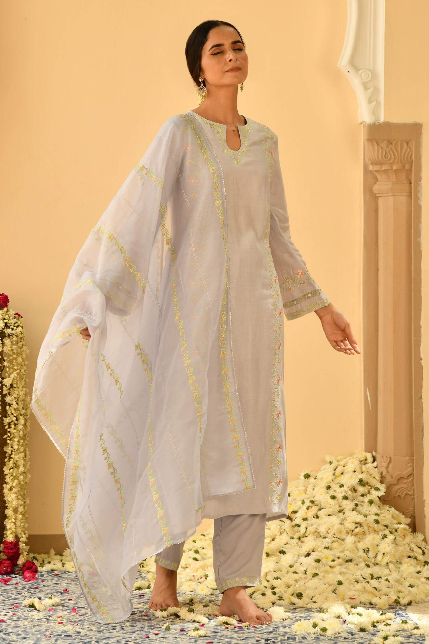 Buy Blue Muslin Silk Embroidered Thread Work Curve Shimi Floral Kurta ...