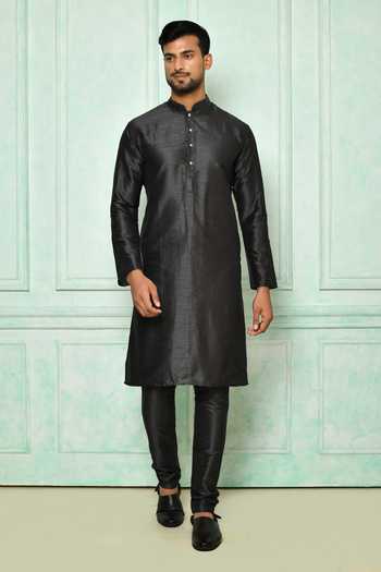 Buy Black Silk Band Collar Kurta And Pyjama Set For Men by Arihant Rai ...
