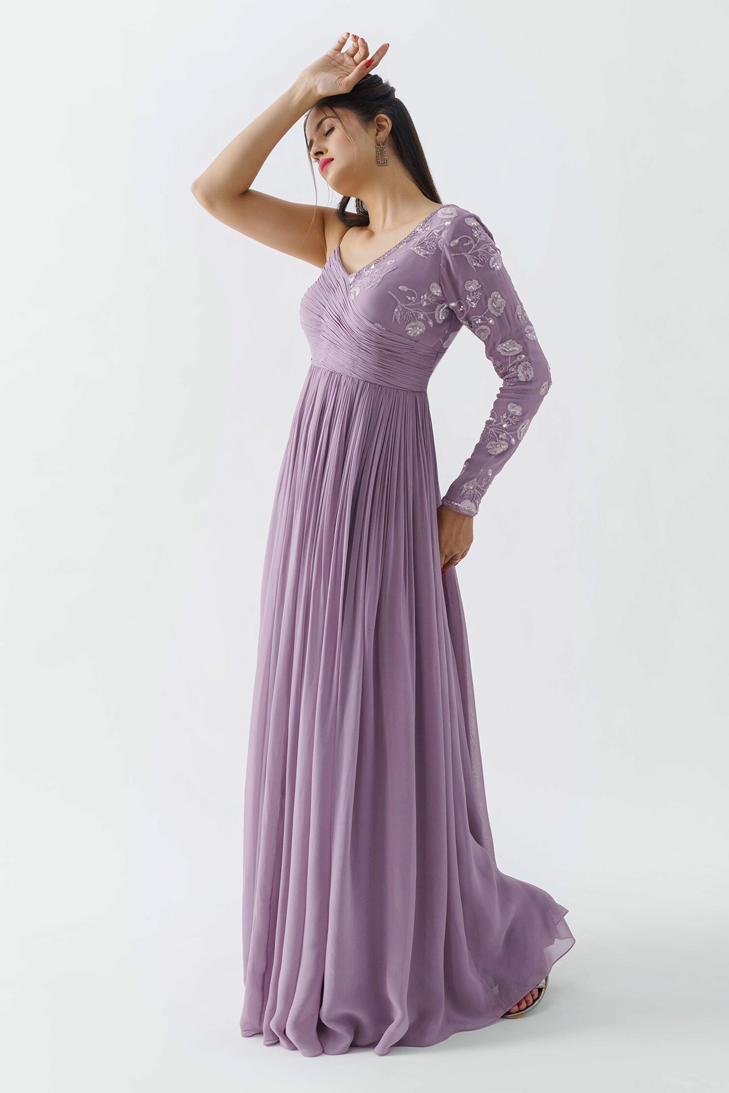 Buy Purple Georgette Embroidered Thread V Neck Pleated Gown For Women ...