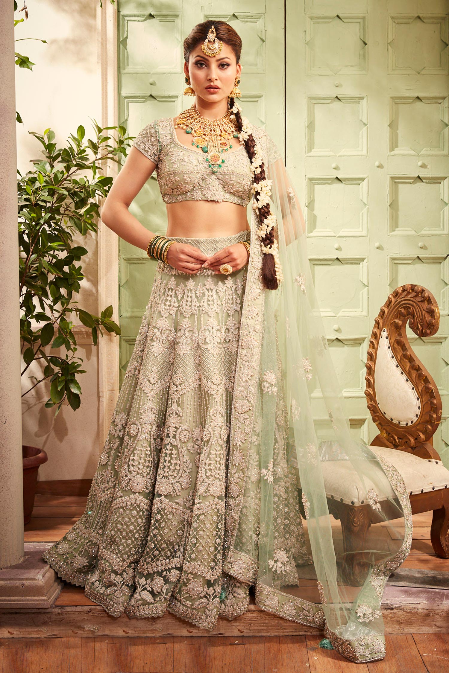 Buy Green Raw Silk Embroidered Pearl And Sequins Scoop U Neck Lehenga