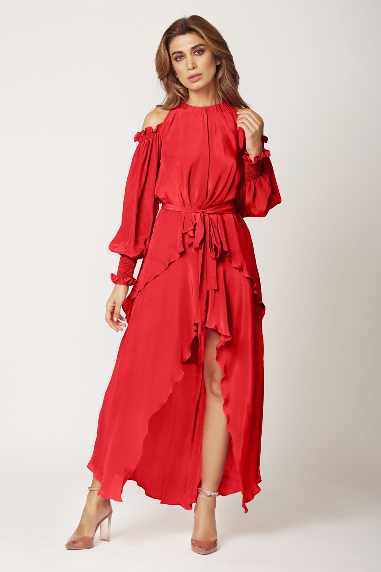 Buy World of Ra Viscose Crepe Layered Cold Shoulder Dress Online | Aza ...