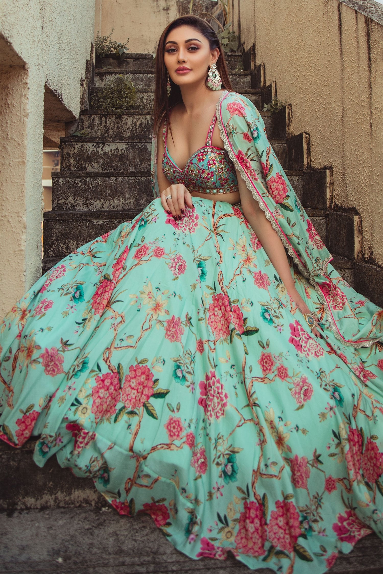 Buy Blue Viscose Hand Embellished Floral Pushpi Lehenga Set With Cape For Women by Gopi Vaid ...