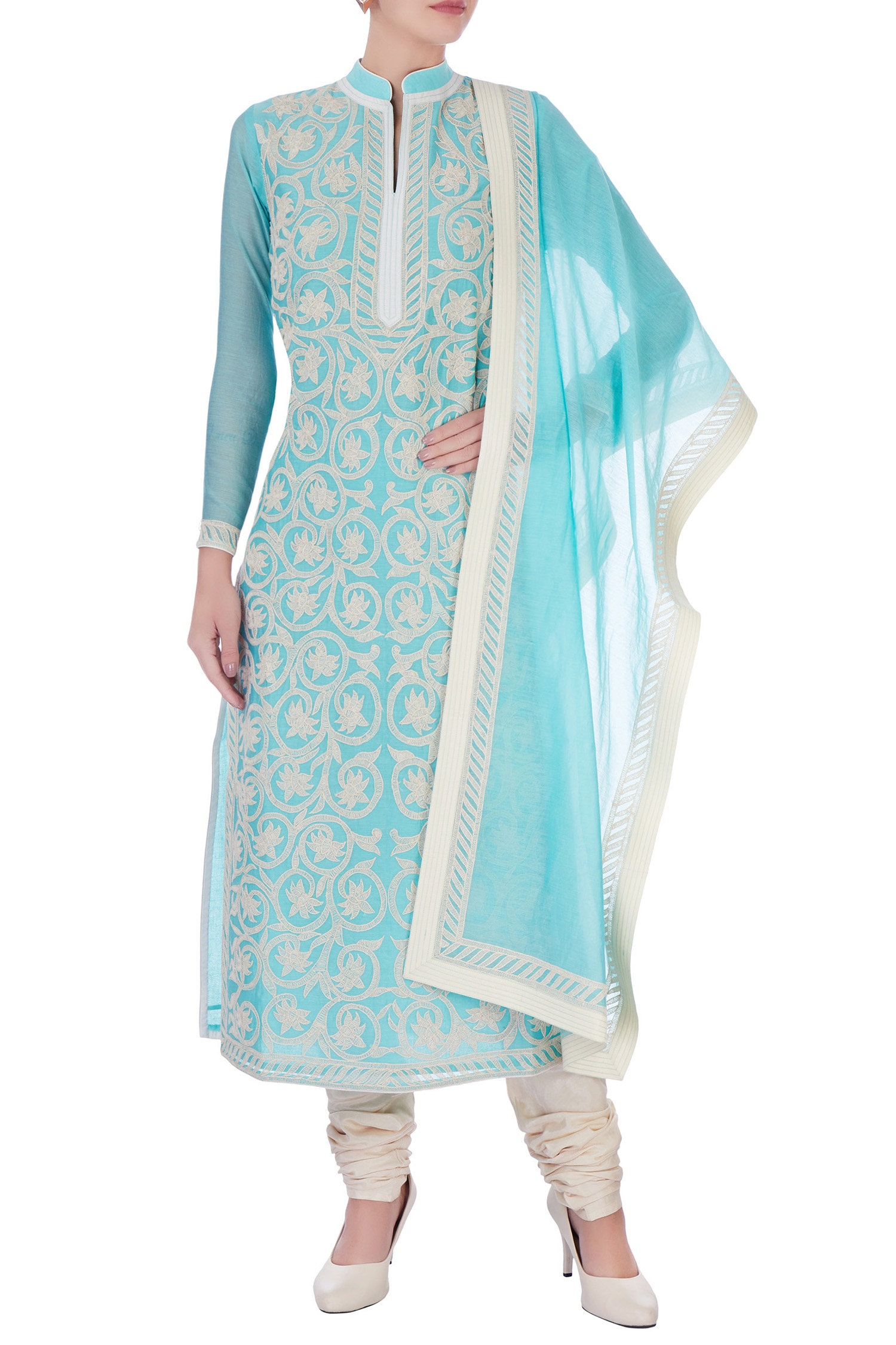 Buy Blue Chanderi Silk Mandarin Collar Kurta Set For Women by Aiman ...