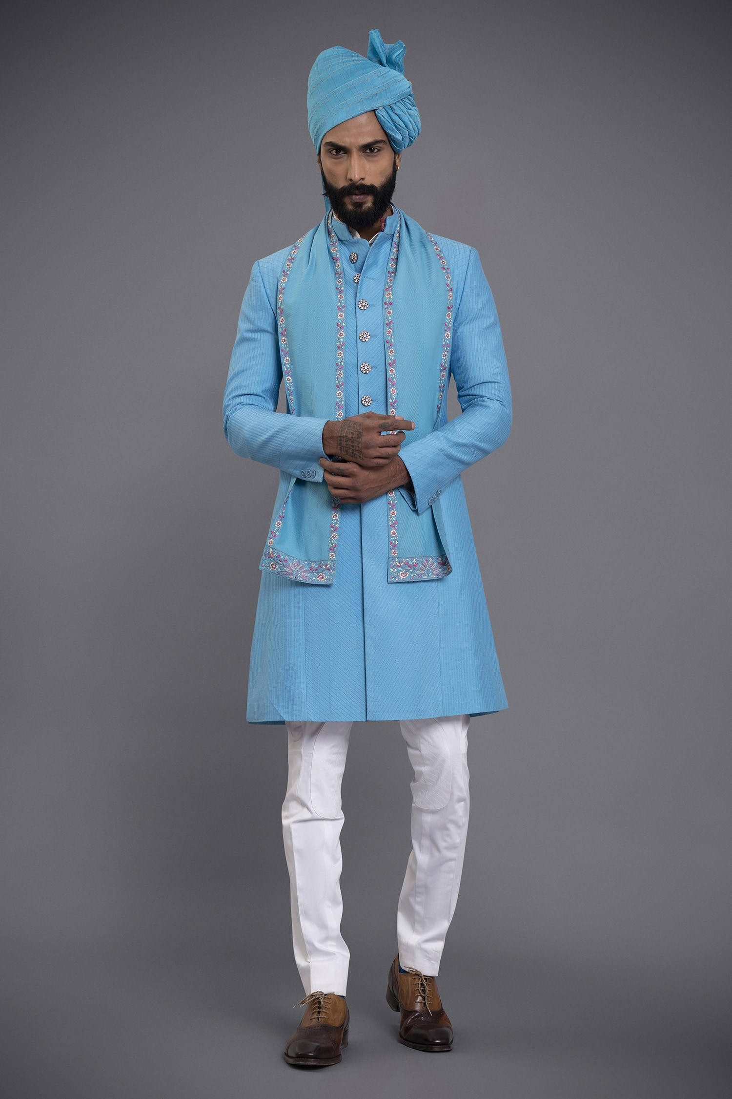 Buy Raghavendra Rathore Jodhpur Blue Silk Achkan Online | Aza Fashions