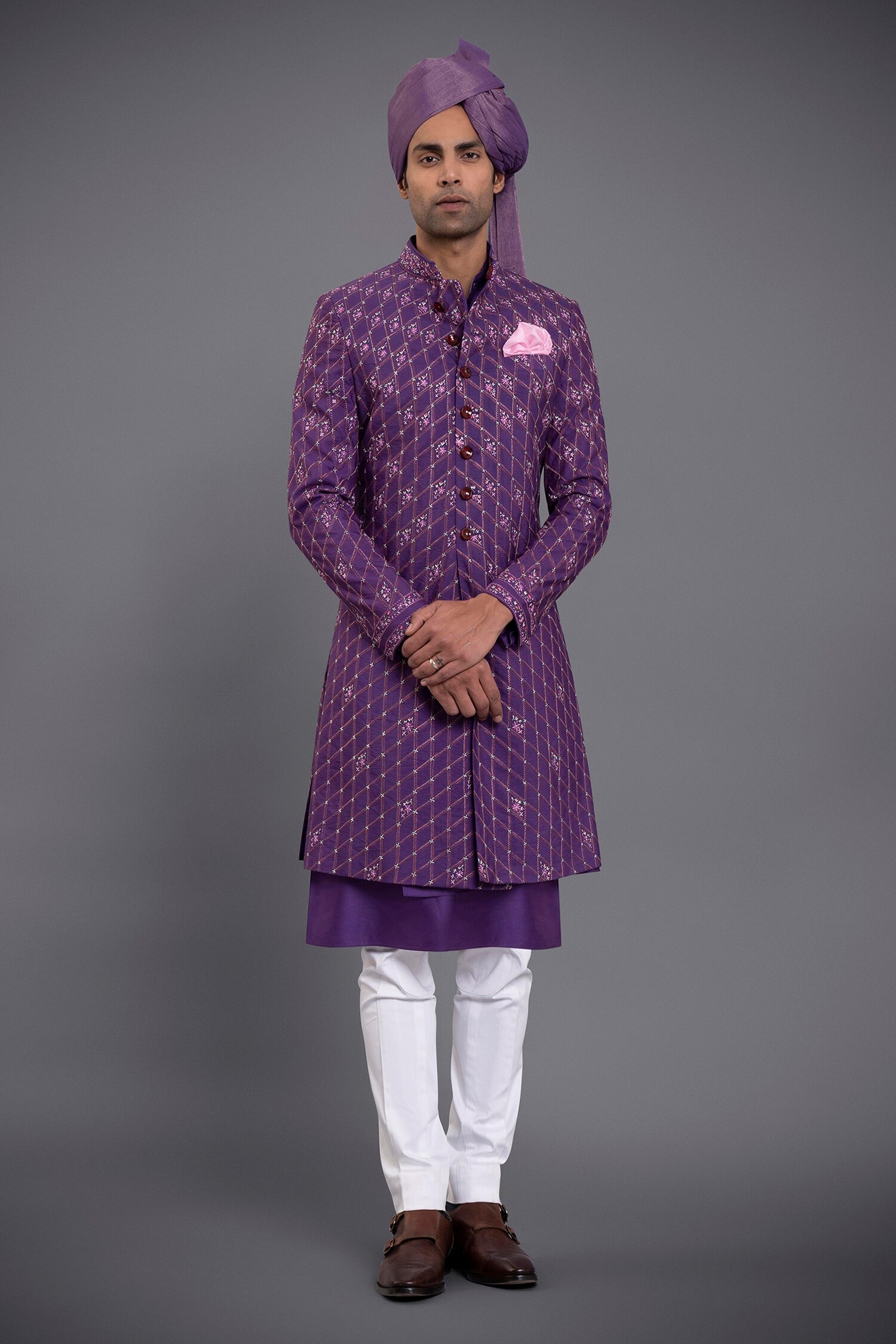 Buy Purple Silk Embroidery Thread Achkan For Men by Raghavendra Rathore ...