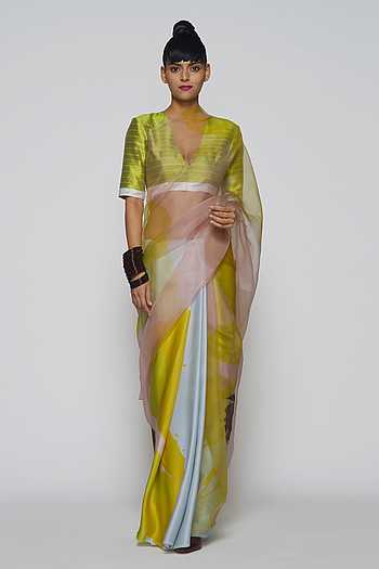 Buy Payal Khandwala Blue Viscose Colorblock Saree Online | Aza Fashions