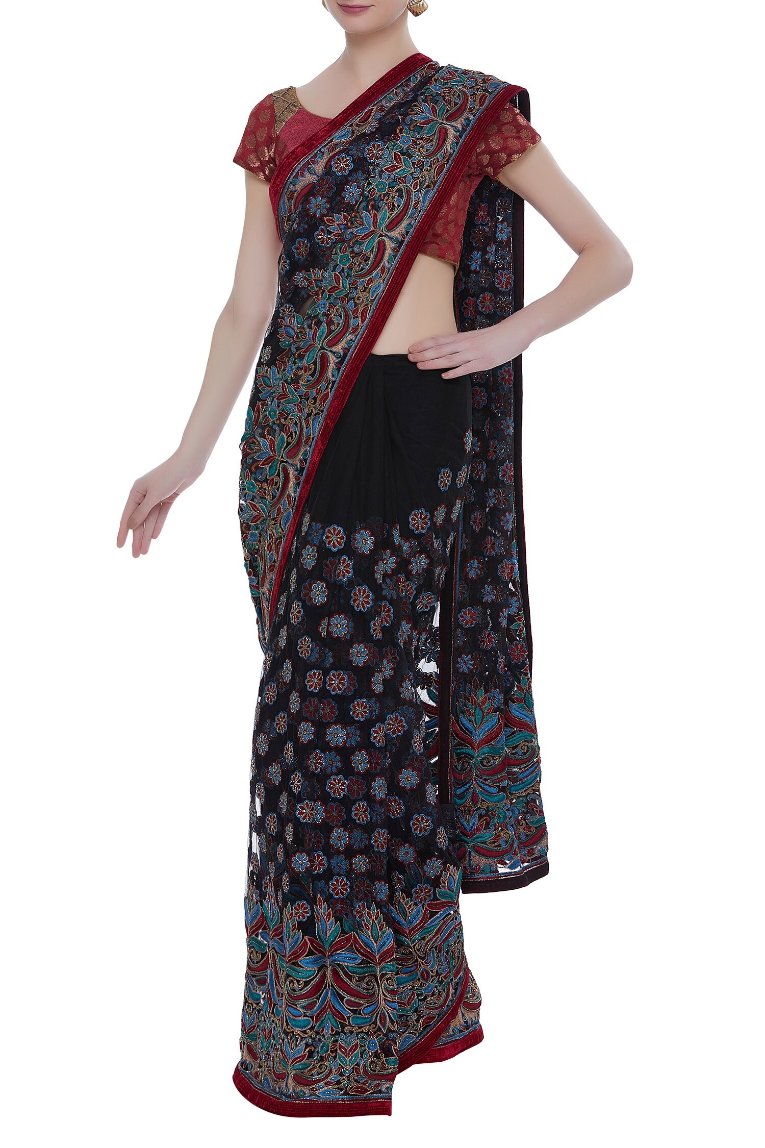 Buy Jaya Rathore Black Net Floral Motif And Thread Embroidered Saree ...