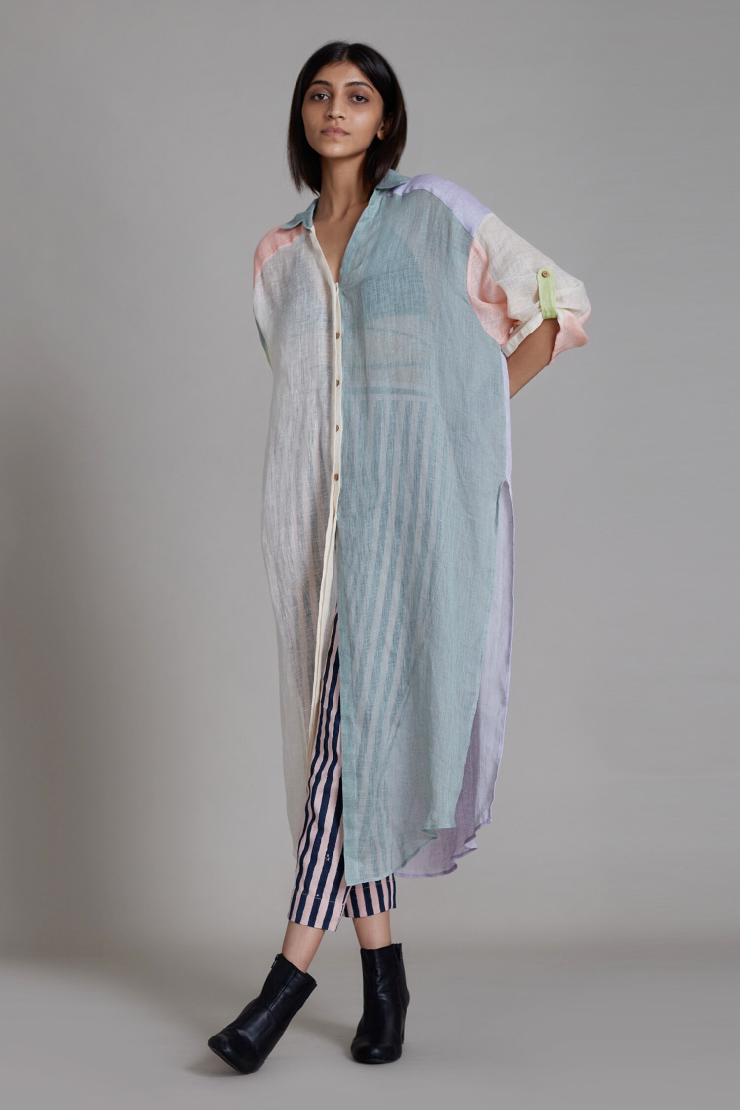 Buy Mati Multi Color Poker Linen Colorblock Tunic And Pant Set Online ...