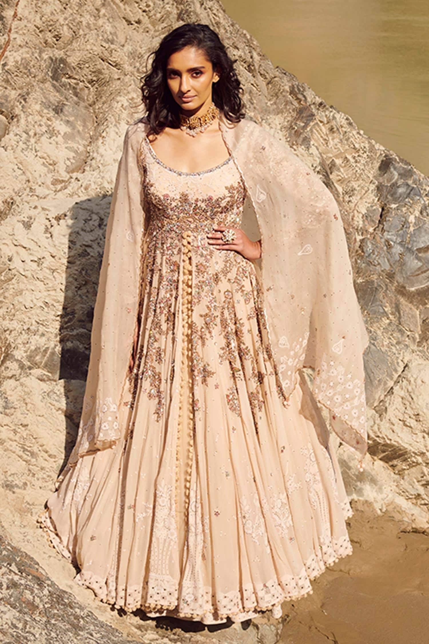 Buy Dolly J Cream Silk Chiffon Allora Jacket Lehenga Set Online | Aza ...