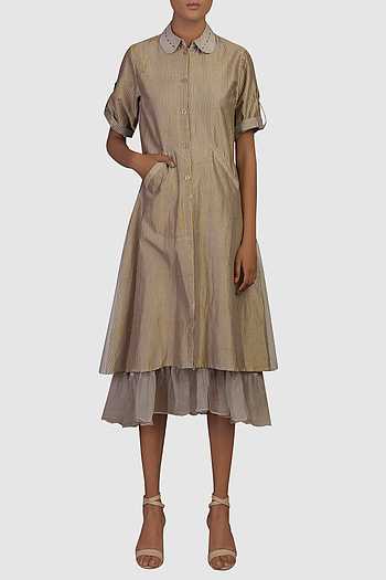 Buy Priyam Narayan Grey Mukaish Work Layered Midi Dress Online | Aza ...