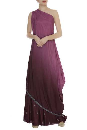 Buy SVA by Sonam & Paras Modi Wine One Shoulder Kurta Palazzo Set ...