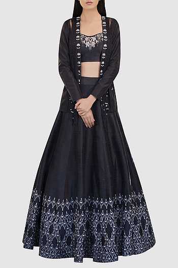 Buy Black Raw Silk Embroidered Jacket Lehenga Set For Women by Sana ...