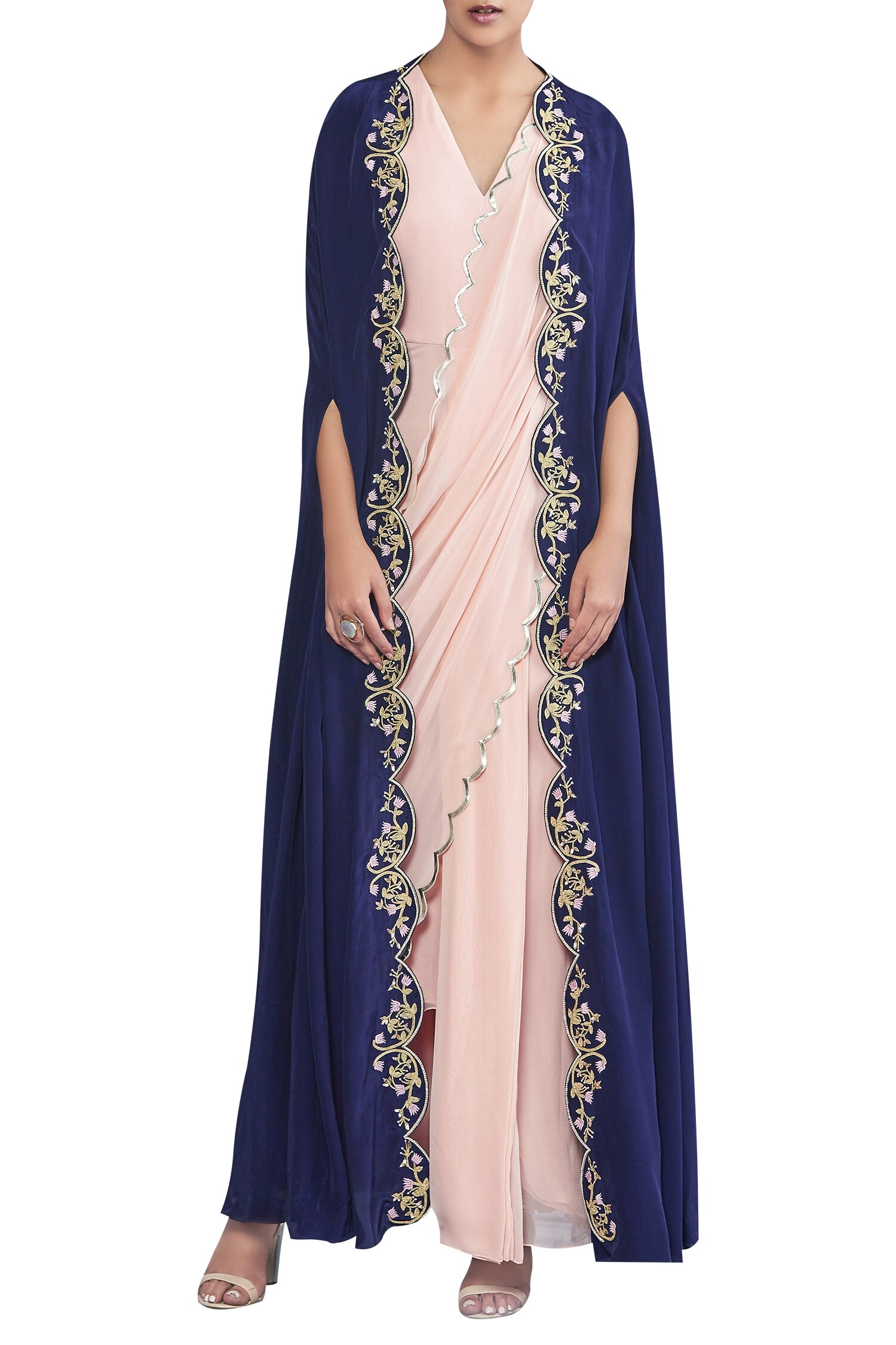 Buy Blue Saree Silk Georgette V Neck Gown With Embroidered Cape For ...