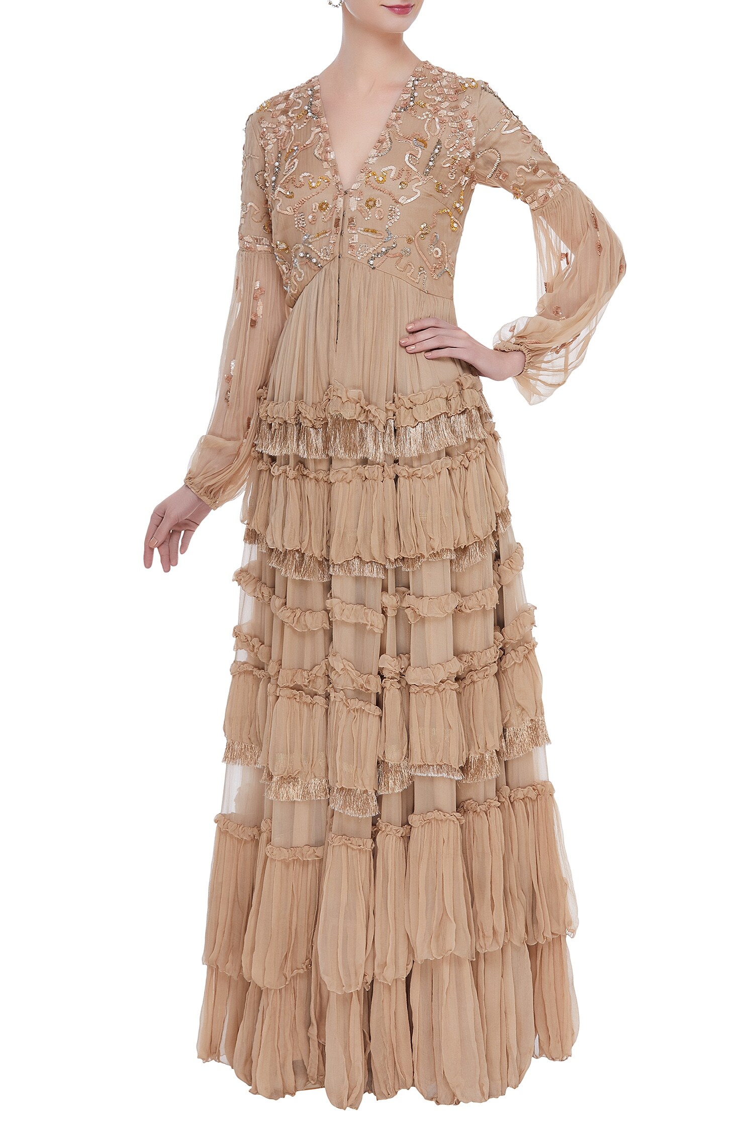 Buy Beige V Neck Embellished Tiered Gown For Women by Ohaila Khan ...