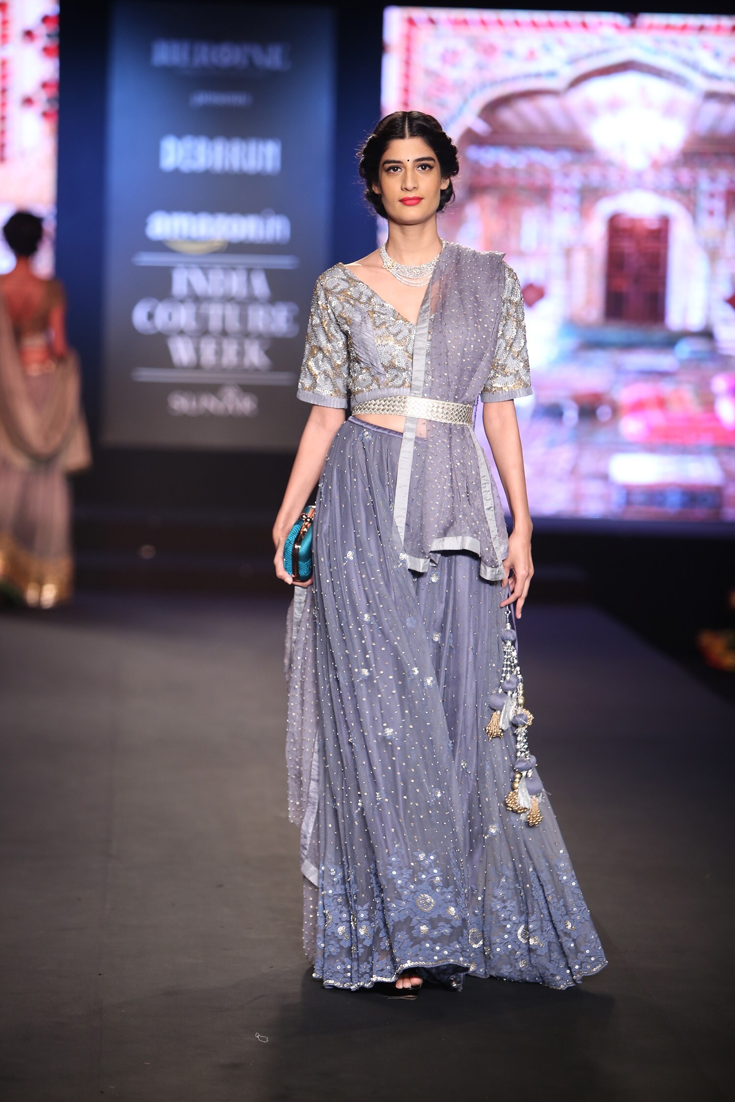 Buy Debarun Grey Embroidered Lehenga With Bow Back Blouse And Dupatta Online | Aza Fashions