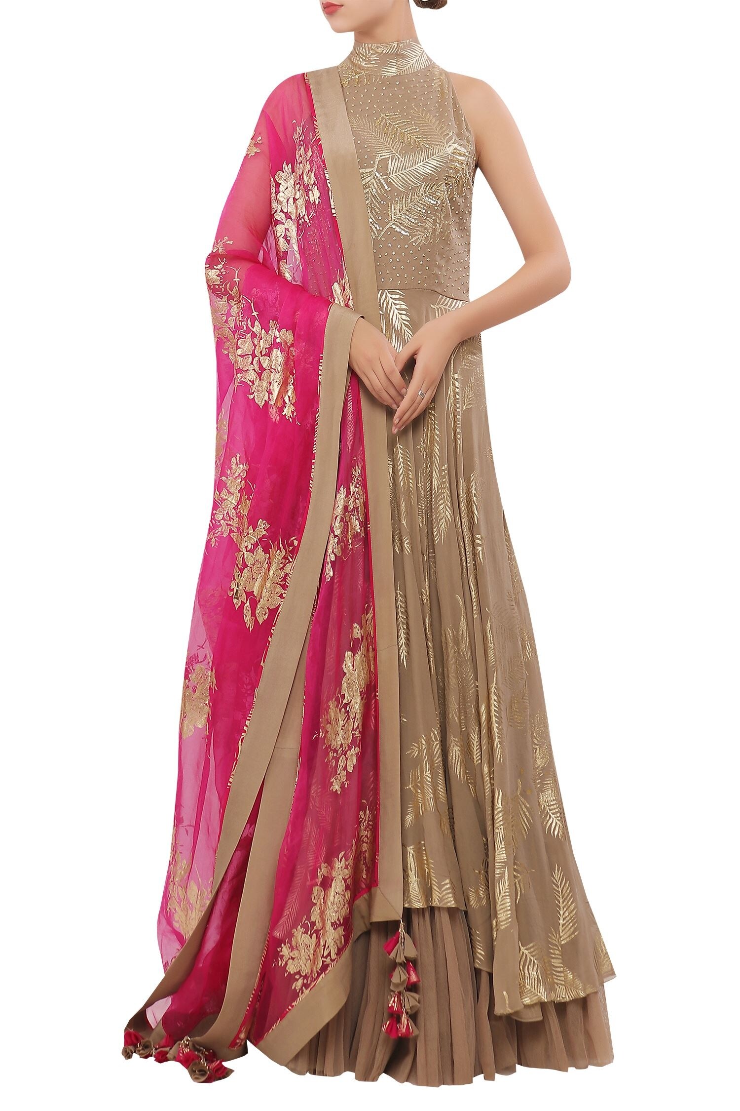 Buy Grey Halter Foil Print Anarkali With Dupatta For Women by Nikasha ...