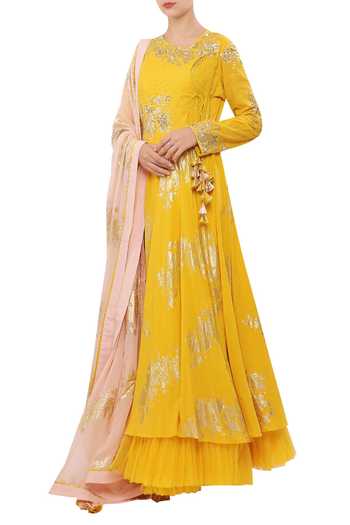 Buy Yellow Round Foil Print Angrakha With Dupatta For Women by Nikasha ...