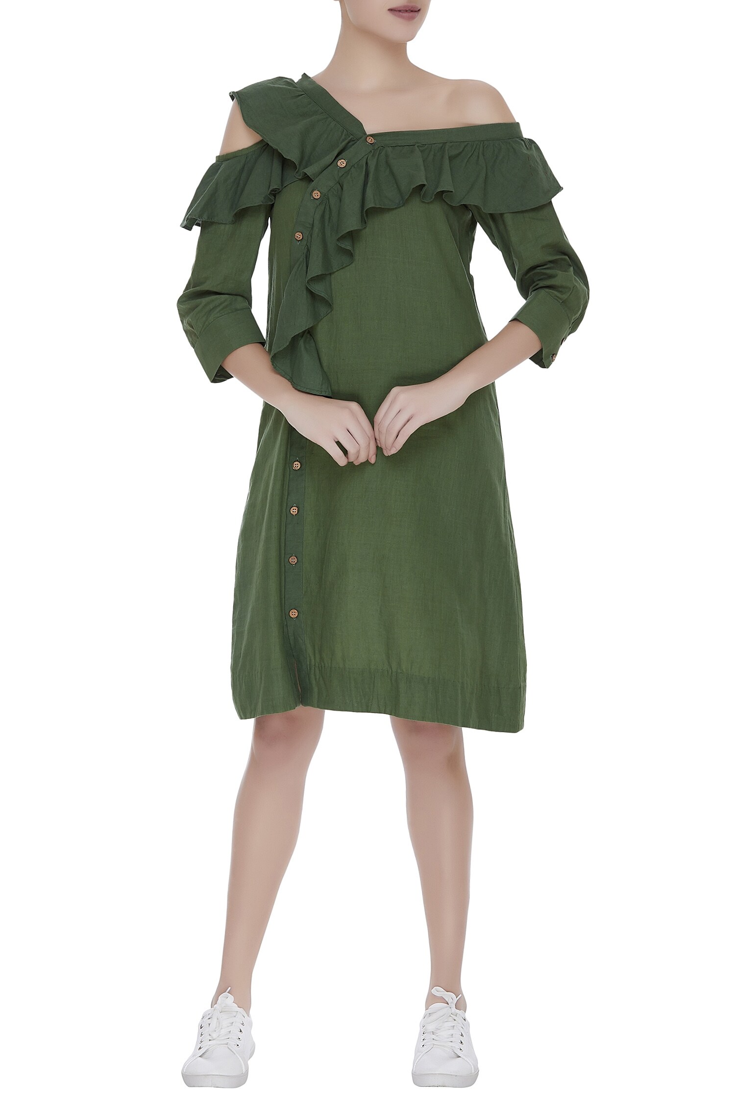 Buy Green Asymmetric Linen Ruffle Dress For Women by Chambray & Co ...