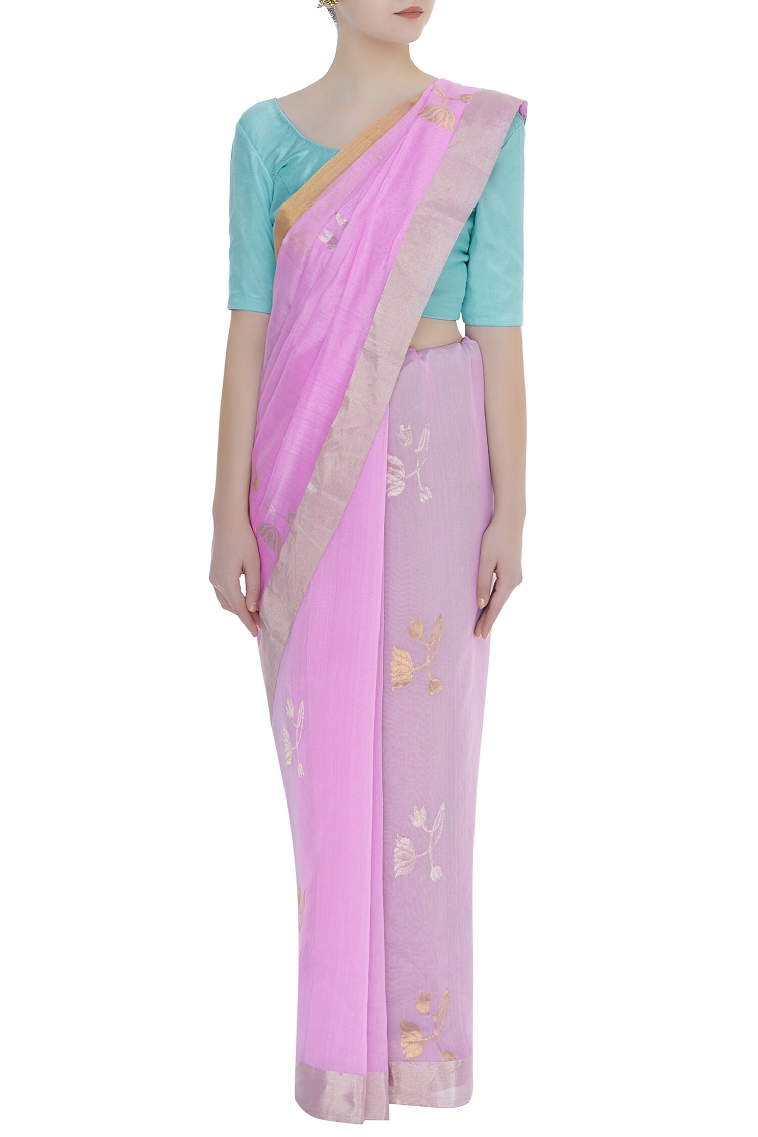 Buy Mint N Oranges Pink Zari Lotus Motif Woven Saree Online | Aza Fashions