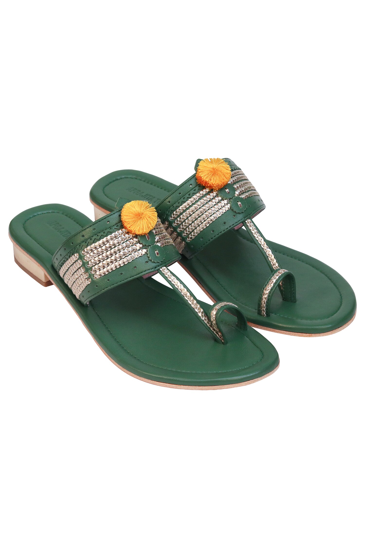 Buy Aprajita Toor Green Pom-pom Embellished Box Heel Sandals Online ...