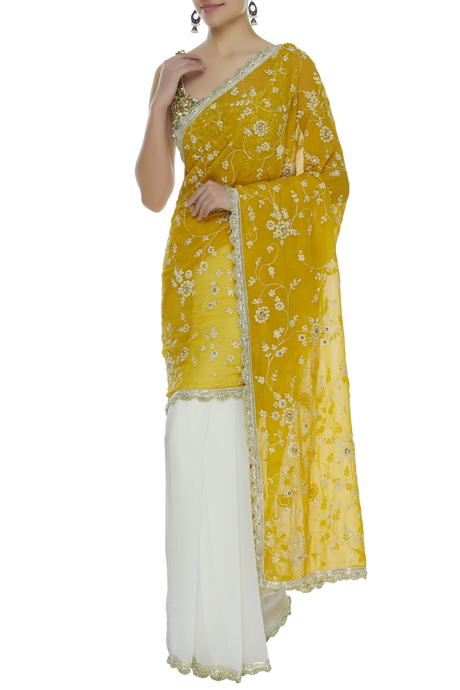 Buy Yellow Georgette And Dupion Embroidered Sequin Blouse With Ombre ...
