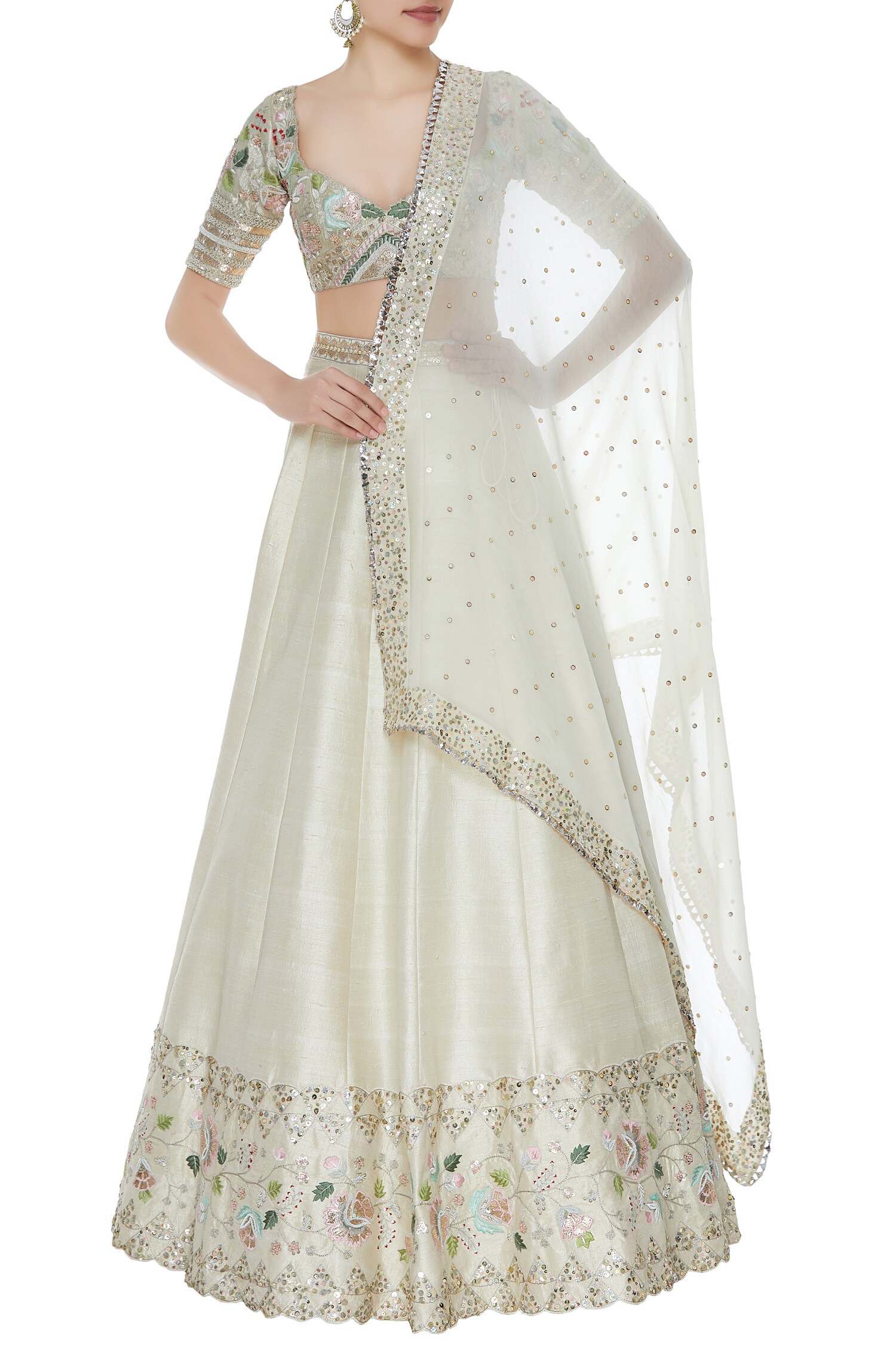 Buy Blue Lotus Design Green Floral Embroidered Lehenga And Blouse With ...